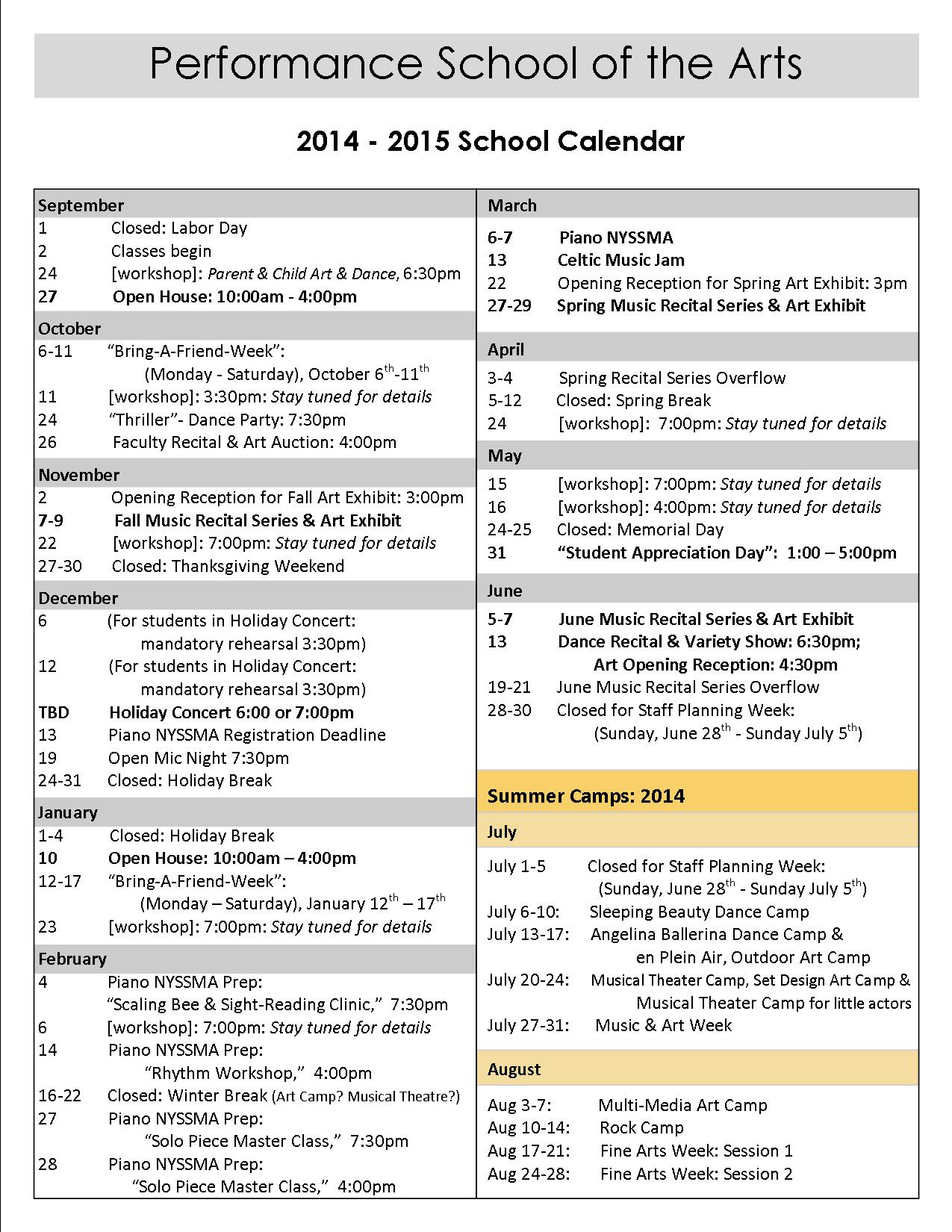 School Calendar 2014-2015 | CM School of Fine Arts: Music Lessons ...